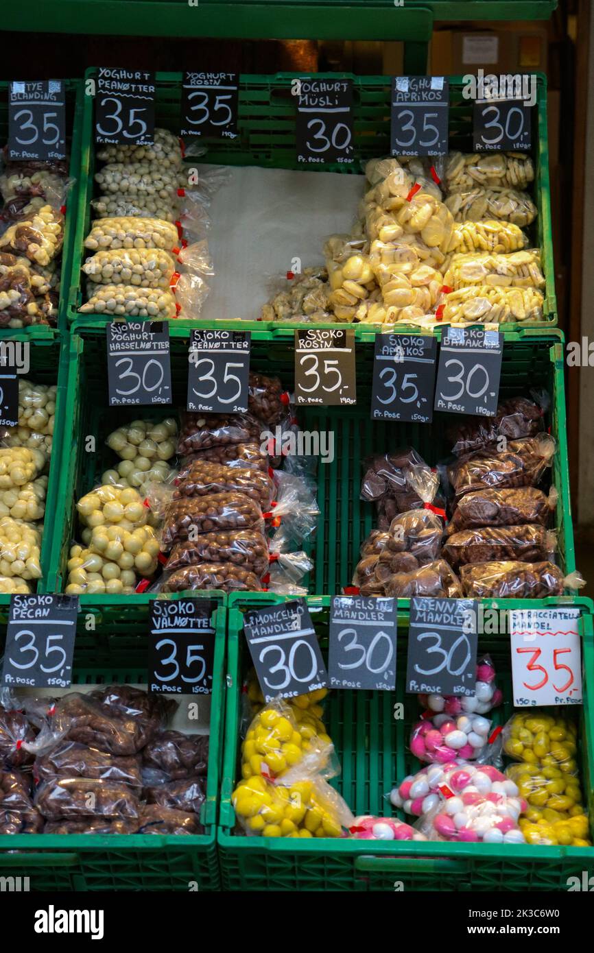 Baskets with bags of candy for sale Stock Photo - Alamy