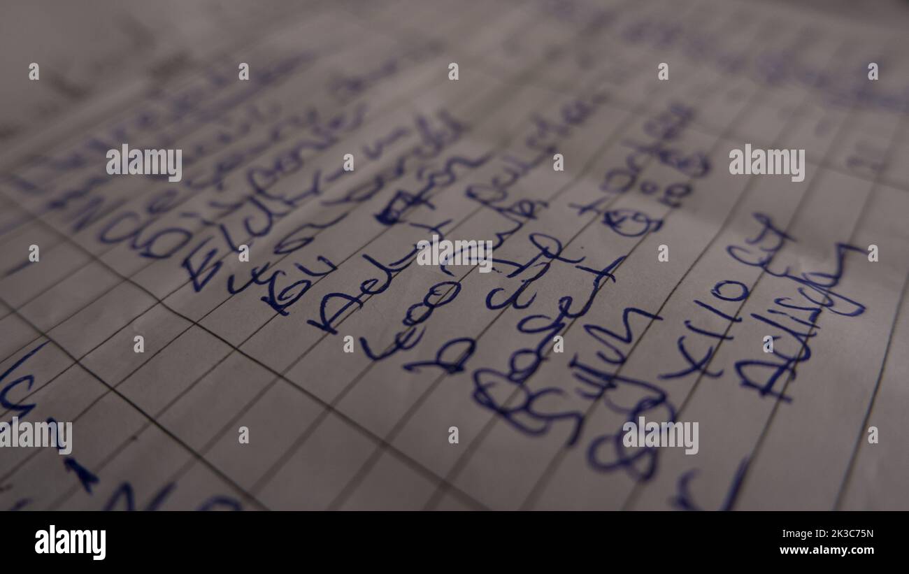 Badly handwritten order slip, Close up cross angle view, bad handwrite ...