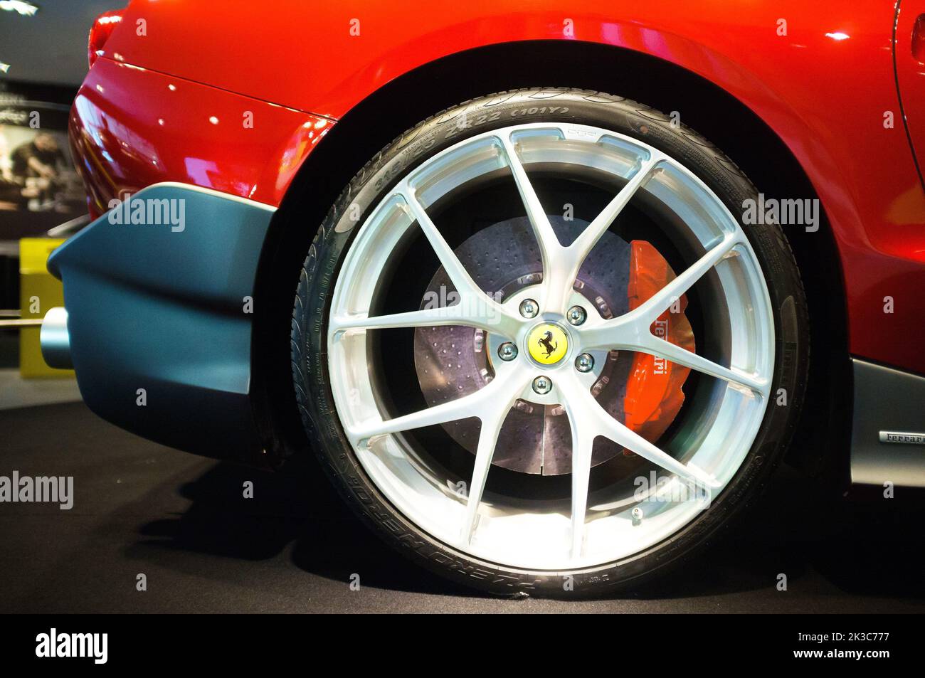 A Red Ferrari rear wheel in Abu Dhabi Ferrari World park Stock Photo ...