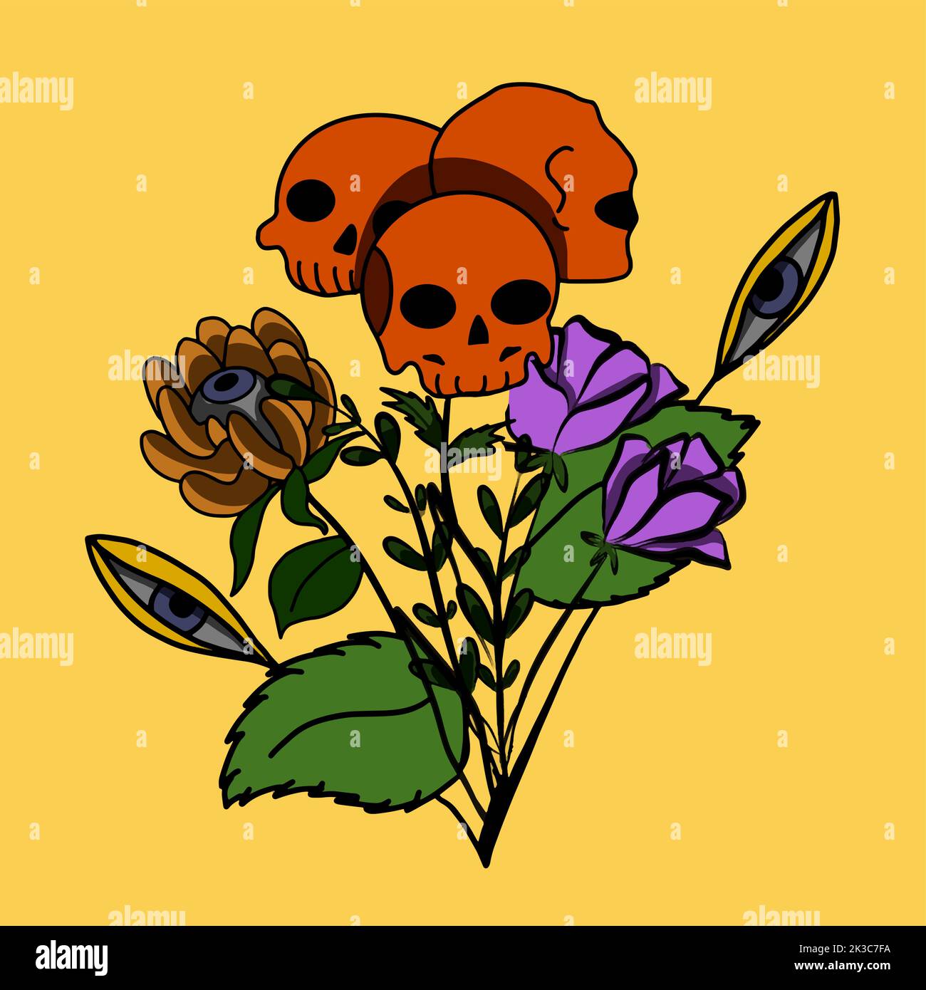 herbarium of skulls and scary flowers halloween illustration Stock ...