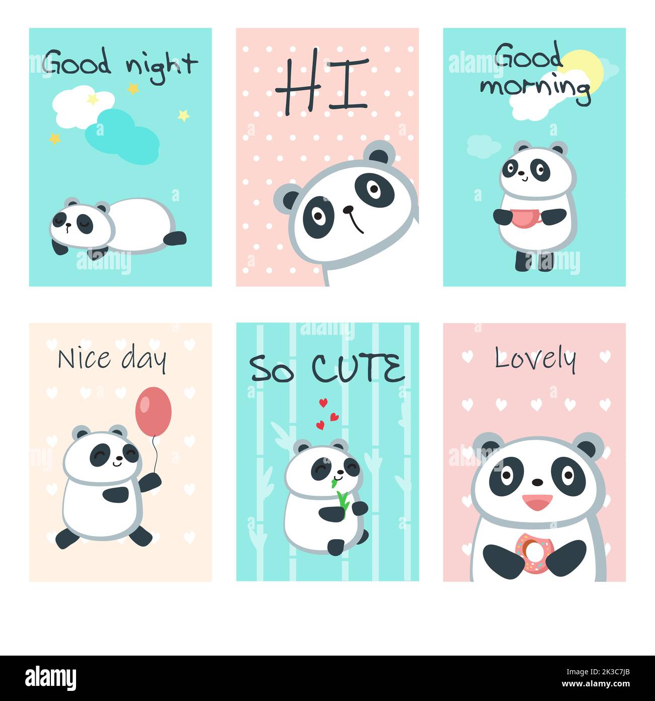 Cute panda cards. Vector template set with funny pandas with hearts ...