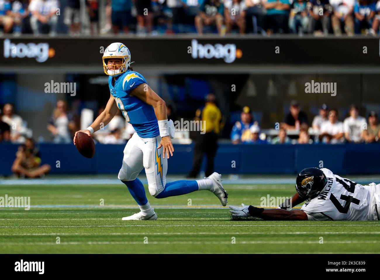 Los Angeles Chargers quarterback Justin Herbert (No.10) and Jacksonville Jaguars outside ...