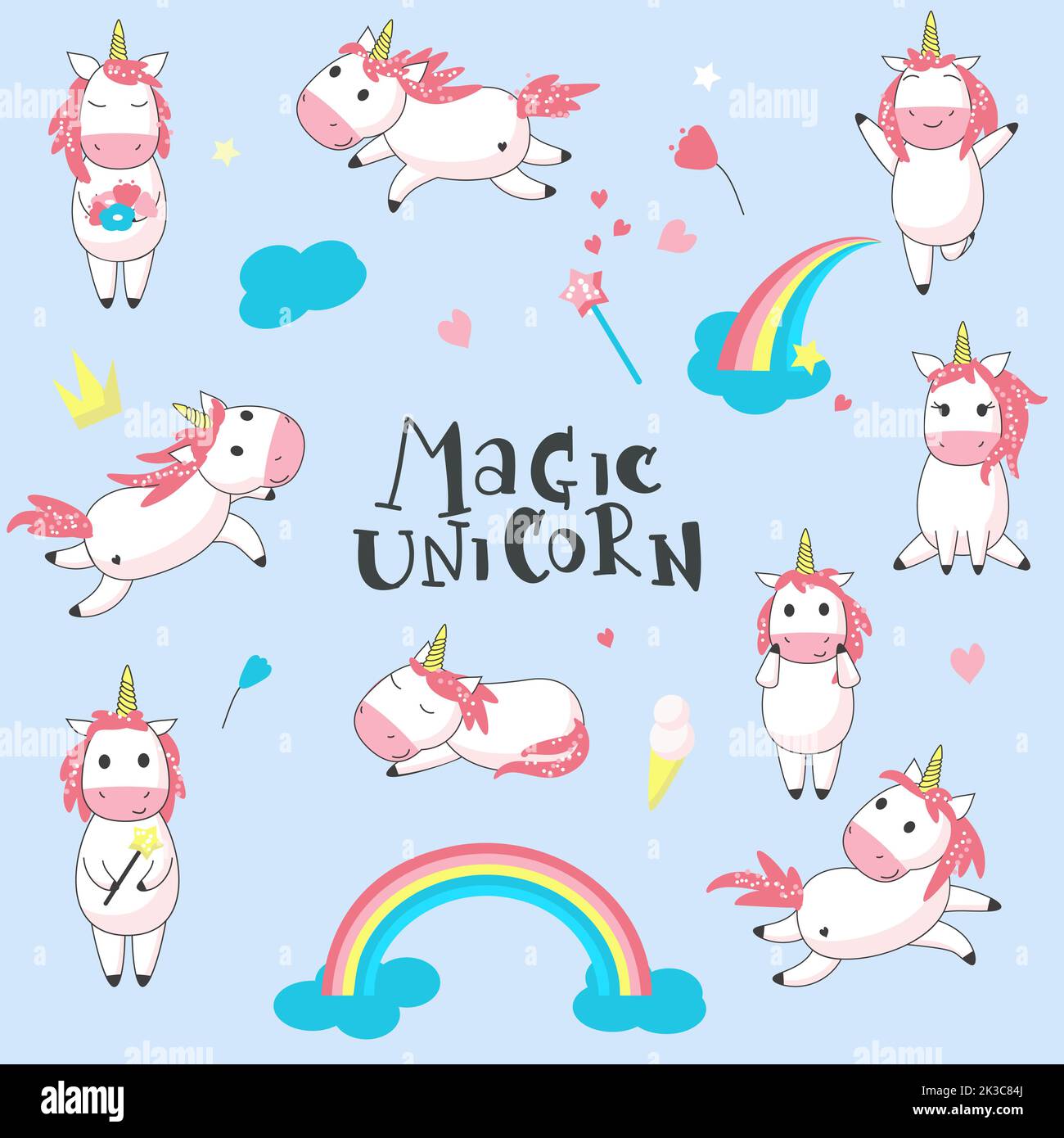 Cute magic unicorn icon set. Vector hand drawn illustration of romantic ...