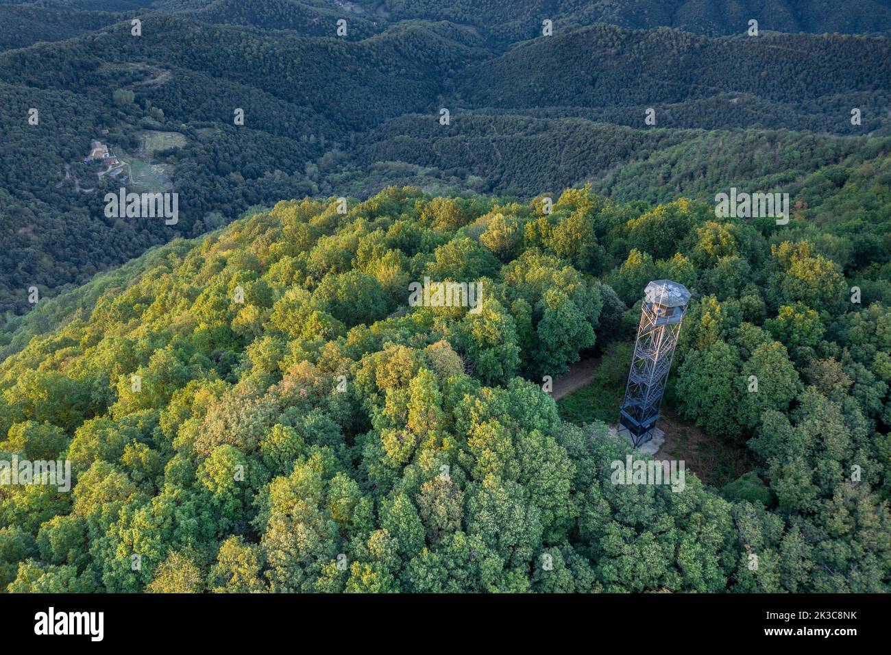 Aerial view of Turó Gros in the Montnegre mountain and the watchtower ...