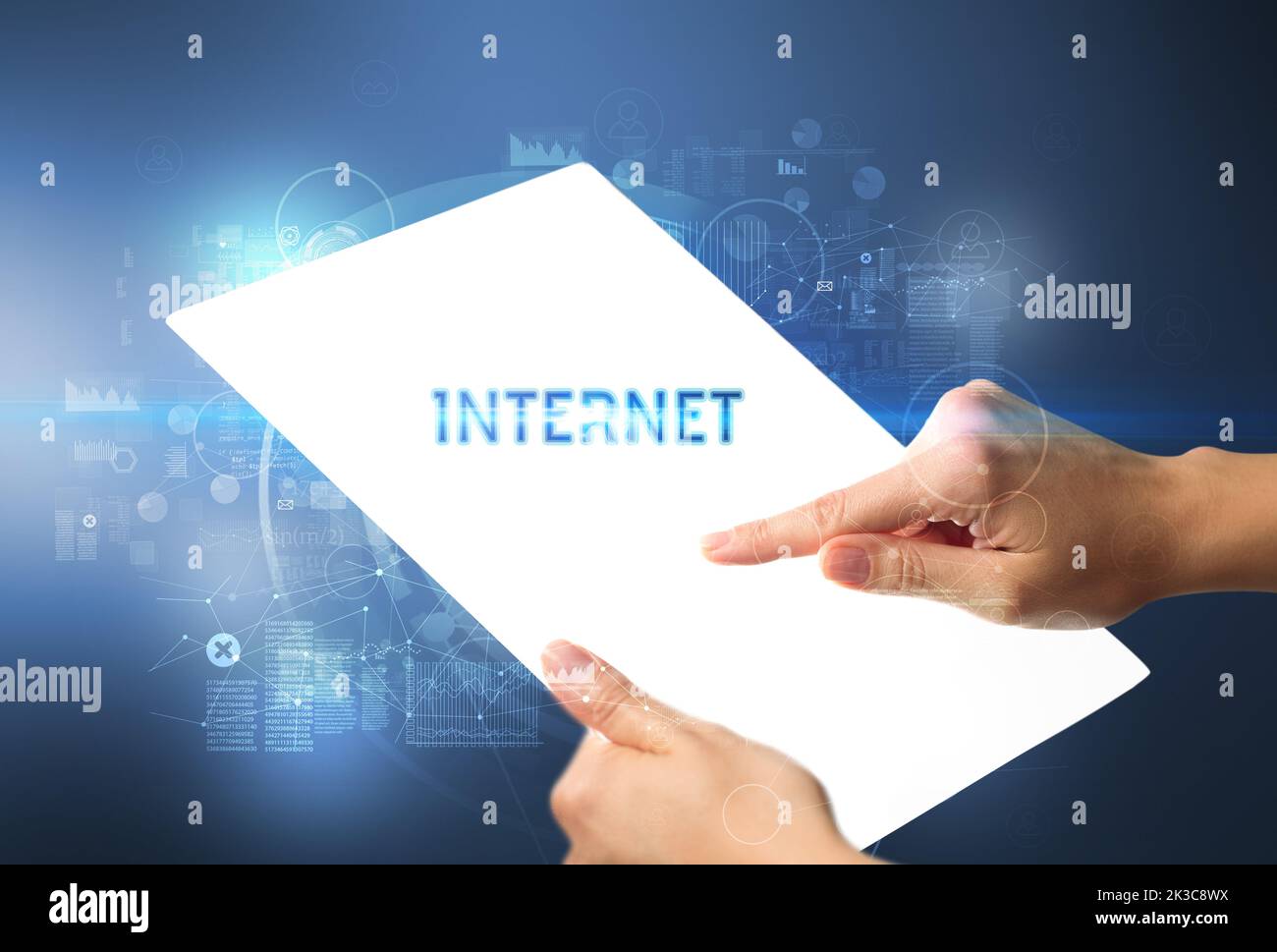 Hand holdig futuristic tablet , technology concept Stock Photo - Alamy