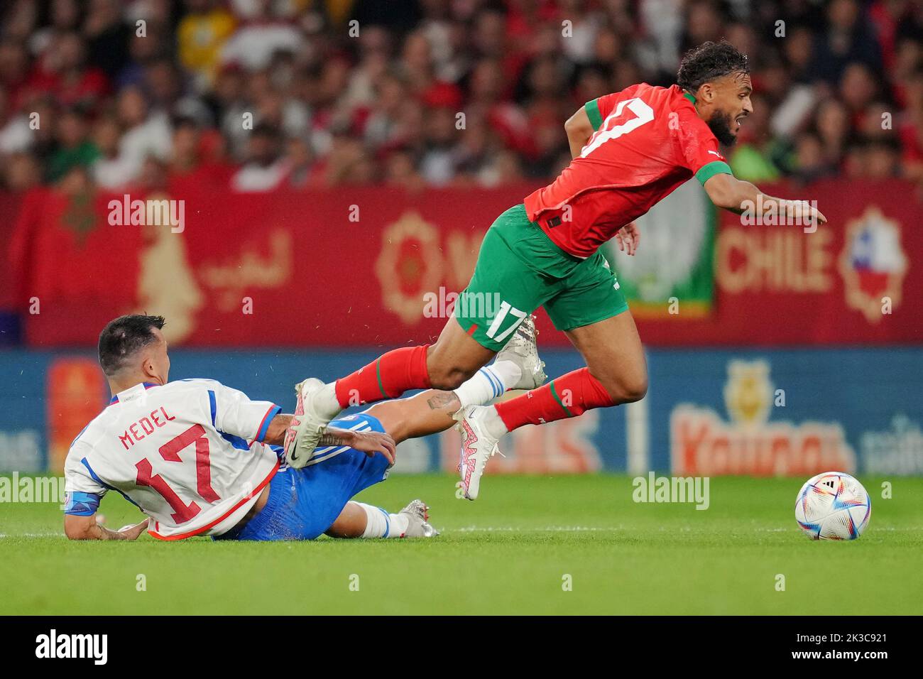 Sofiane Boufal of Morocco and Gary Medel of Chile during the ...