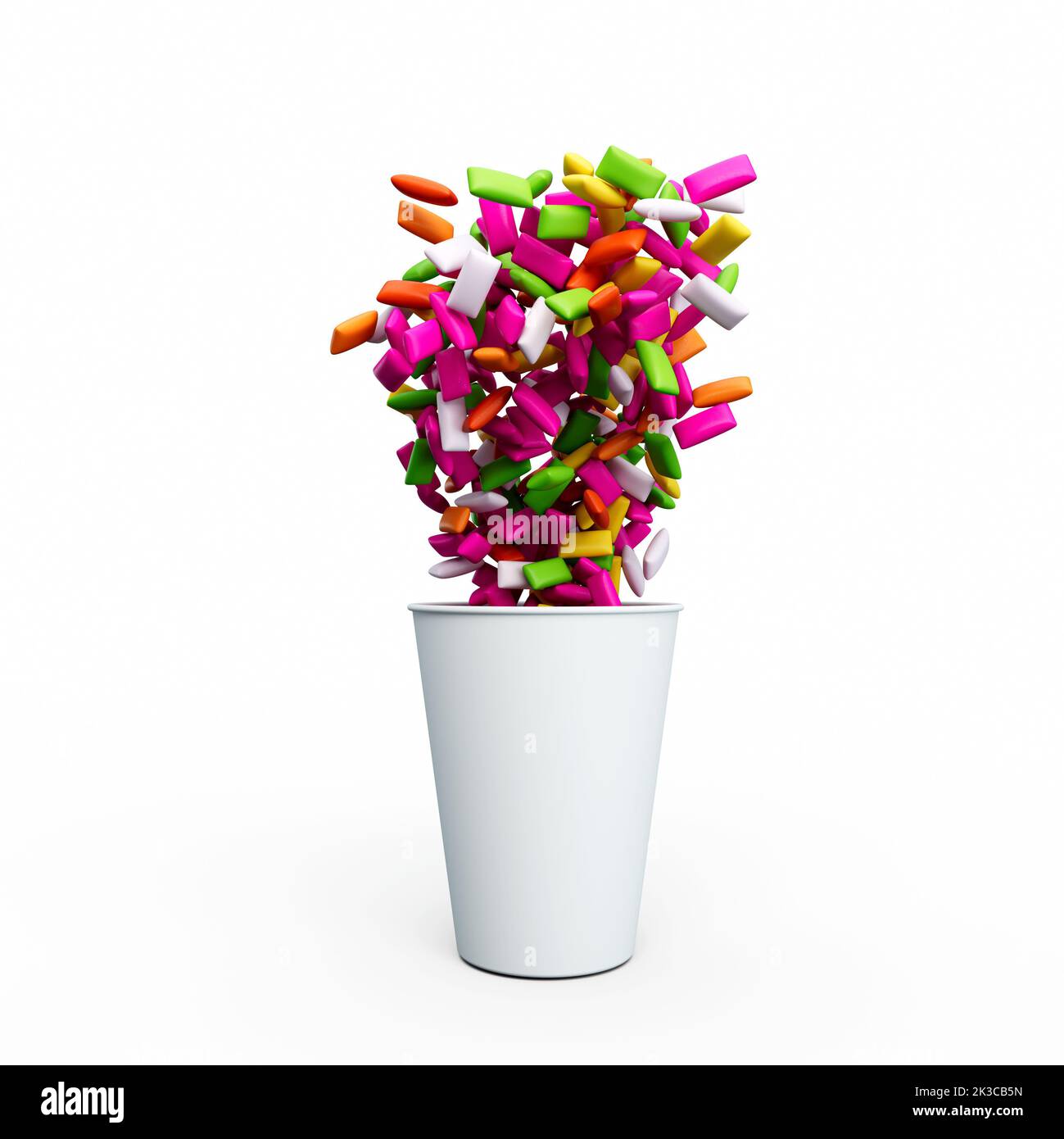 The 3d rendering of colorful chewing gums spilling out of a white cup ...