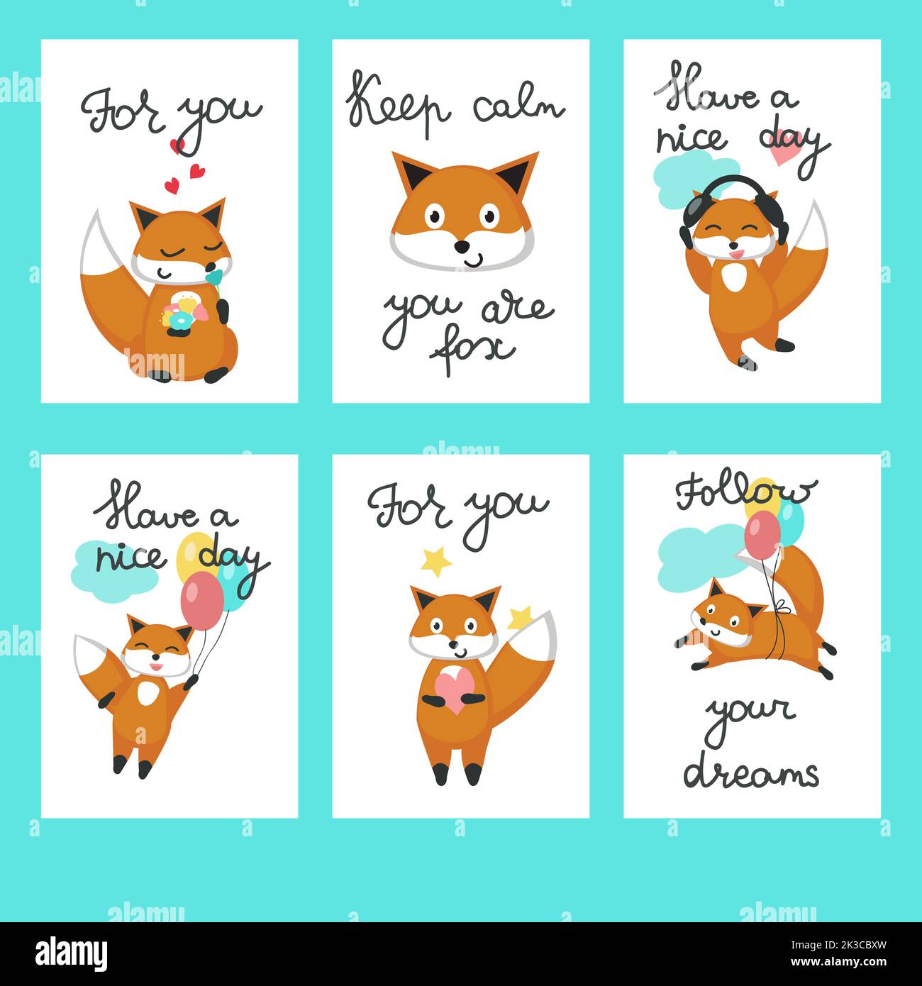 Cute foxes cards. Vector template set with funny cartoon characters ...