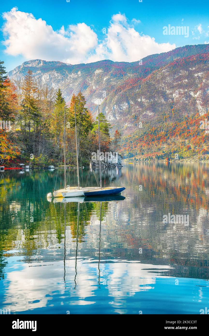 Amazing view of Bohinj Lake with boats during autumn . Popular tourist ...