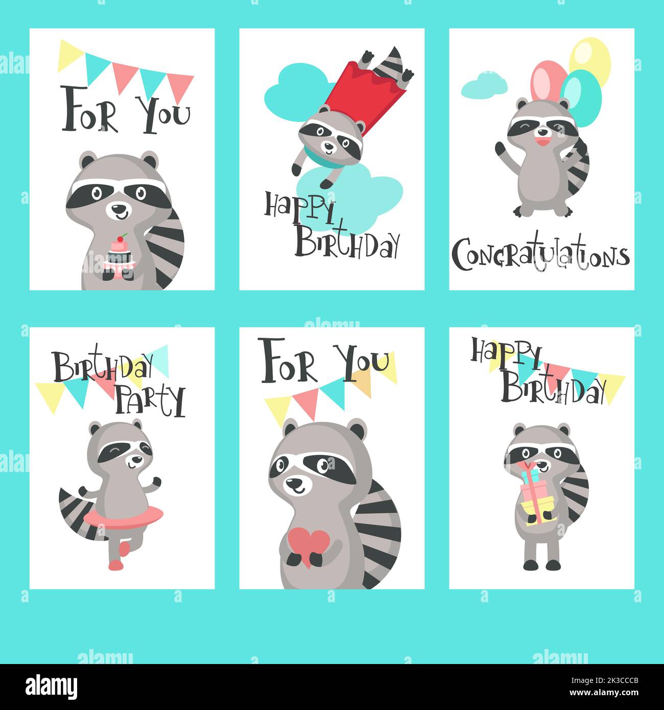 Cute raccoon birthday cards. Happy birthday greeting card, invitation ...