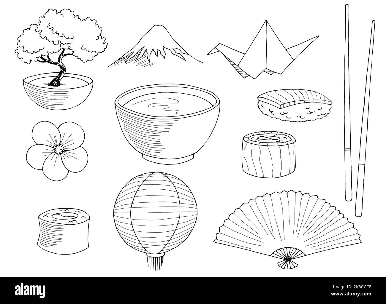 Japan set graphic black white isolated sketch illustration vector Stock ...