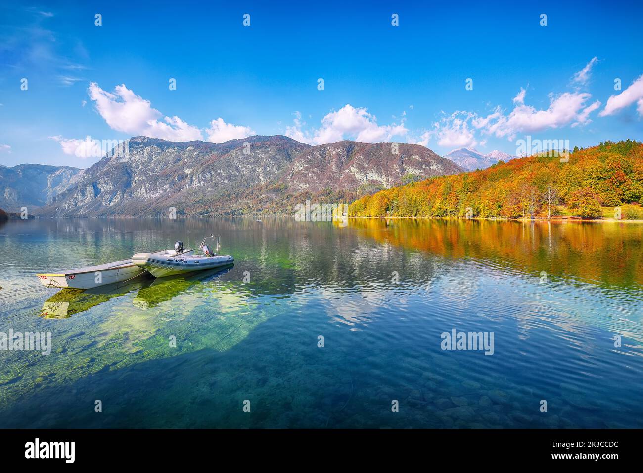 Fabulous view of Bohinj Lake with boats during autumn . Popular tourist ...