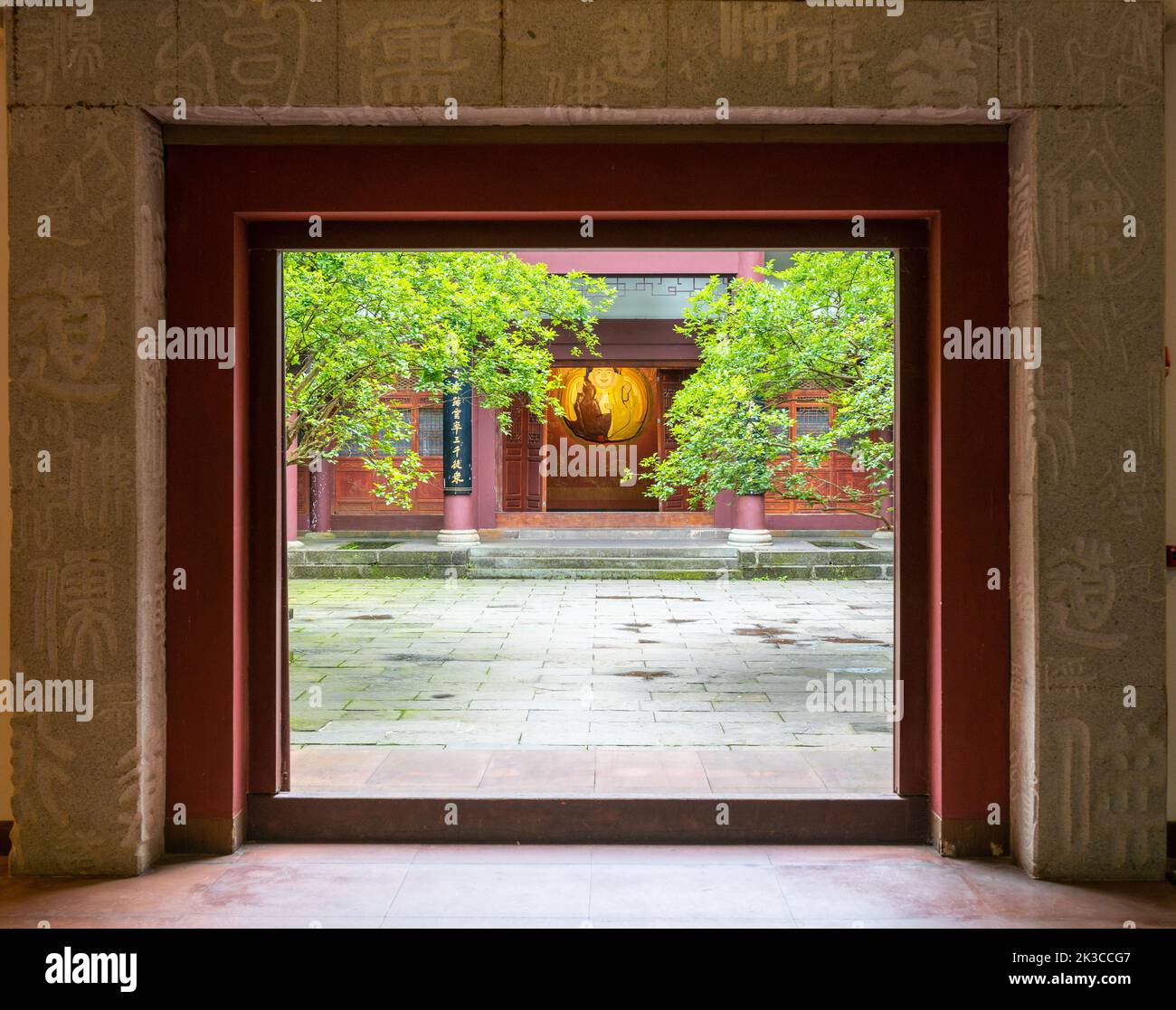 A landscape of ancient pagan buildings at the foot of a mountain in ...