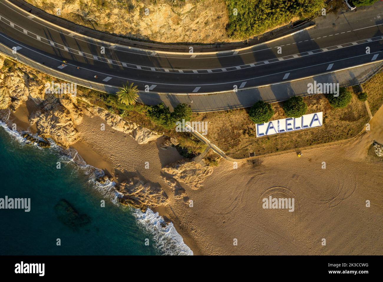 Aerial view of the Calella city beach (Maresme, Barcelona, Catalonia ...
