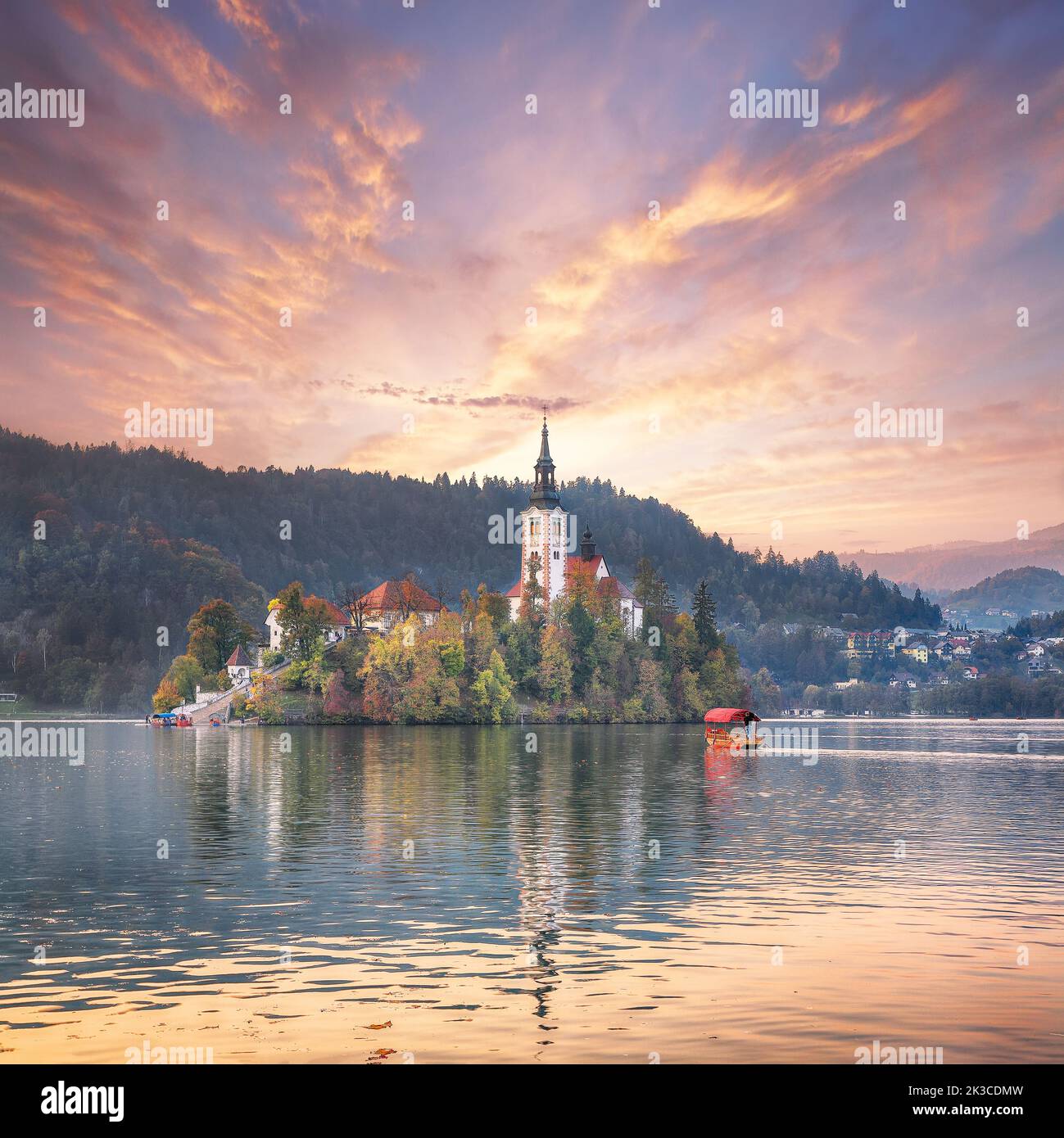 Astonishing sunset view of popular tourist destination Bled lake ...