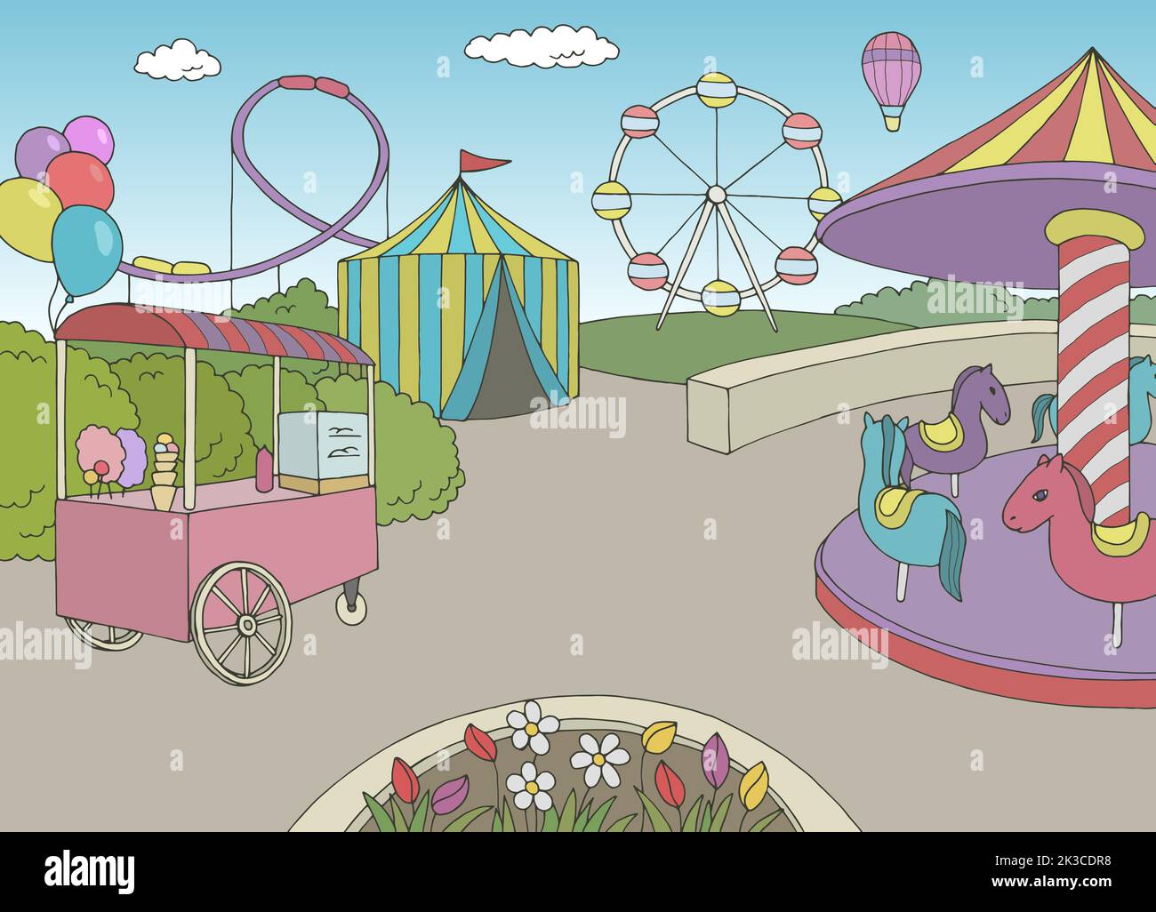 Amusement park landscape graphic color sketch illustration vector Stock ...