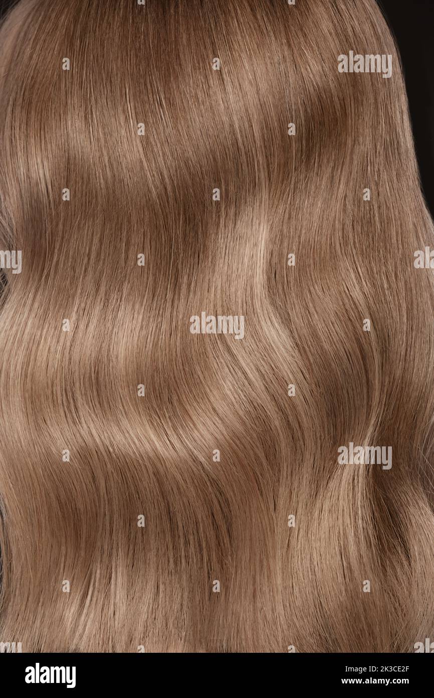 A closeup view of a bunch of shiny straight blond hair in a wavy curved ...