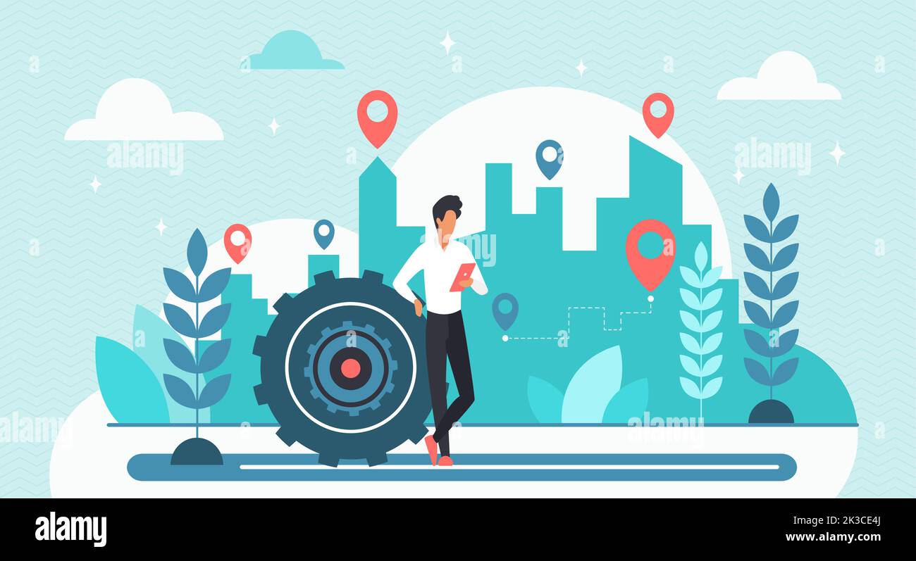 GPS navigation vector illustration. Tiny person holding mobile phone to ...