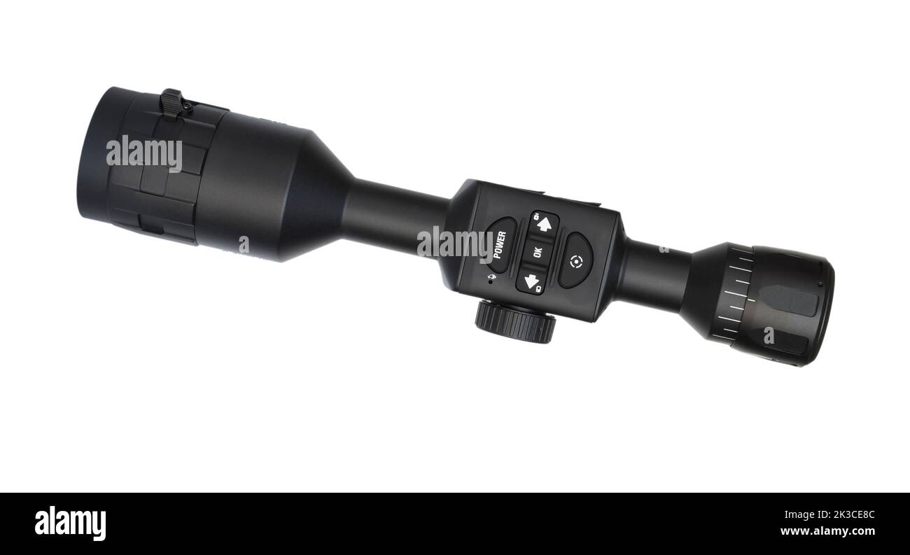 Infrared night vision rifle scope seen from the top isolated on white ...