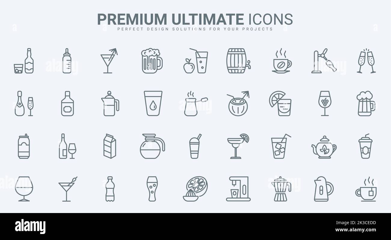 Drinks thin line icons set vector illustration. Outline restaurant and bar menu collection with ...