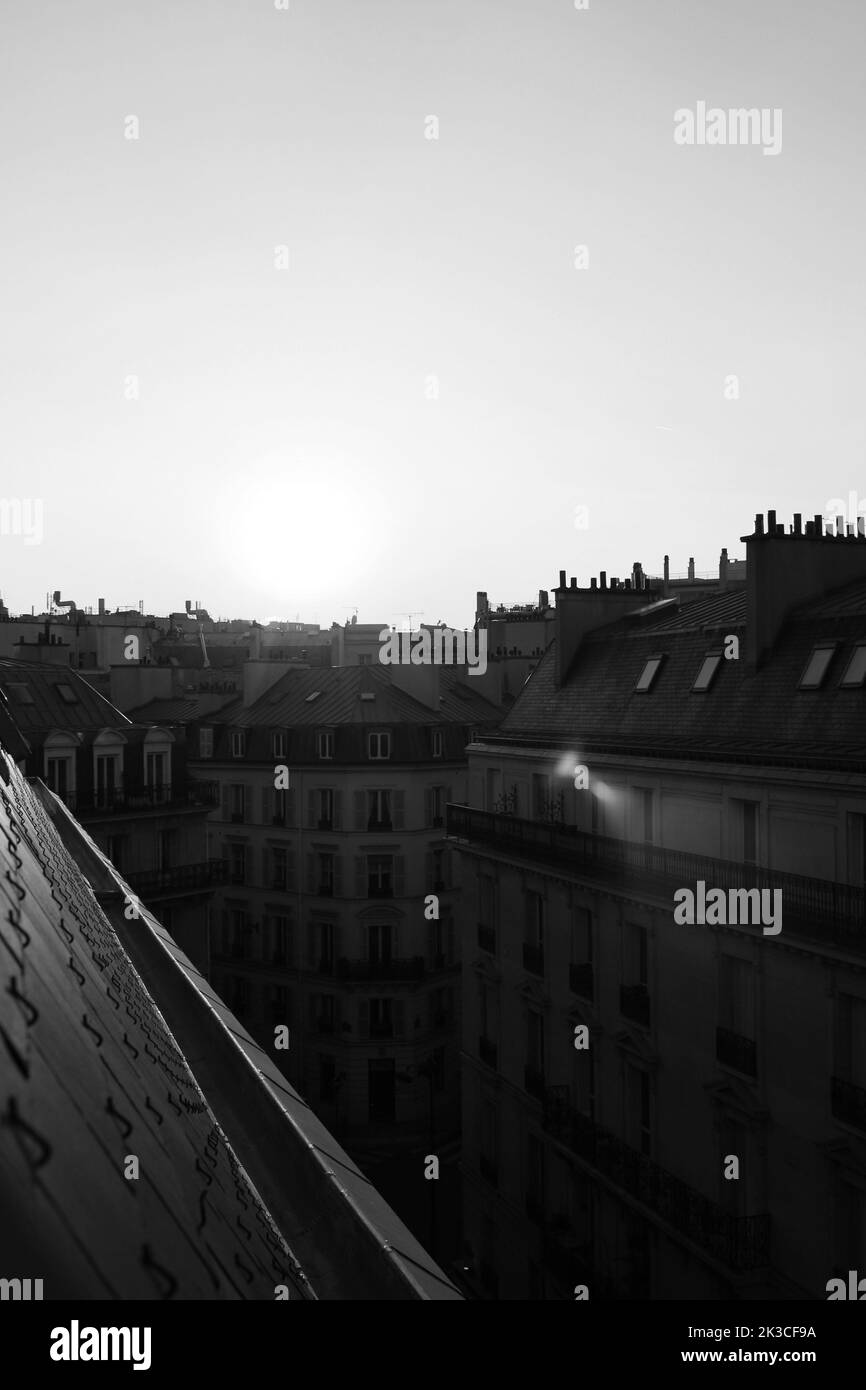 Paris, France. Monochrome Sunset Buildings Cityscape. Parisian Rooftops ...