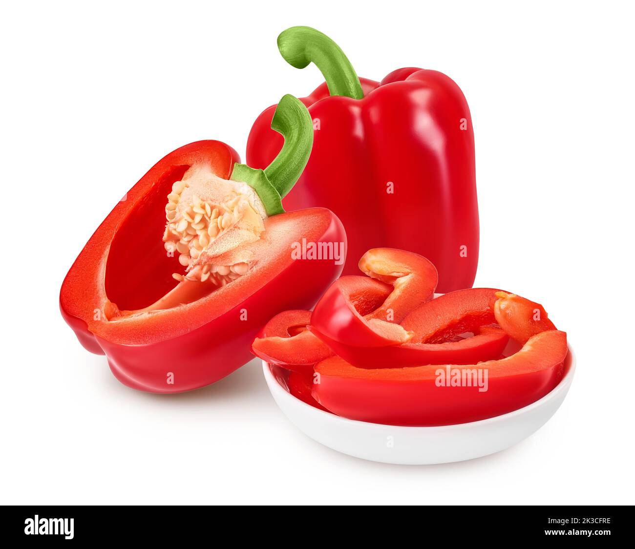 slices of red sweet bell pepper in ceramic bowl isolated on white ...