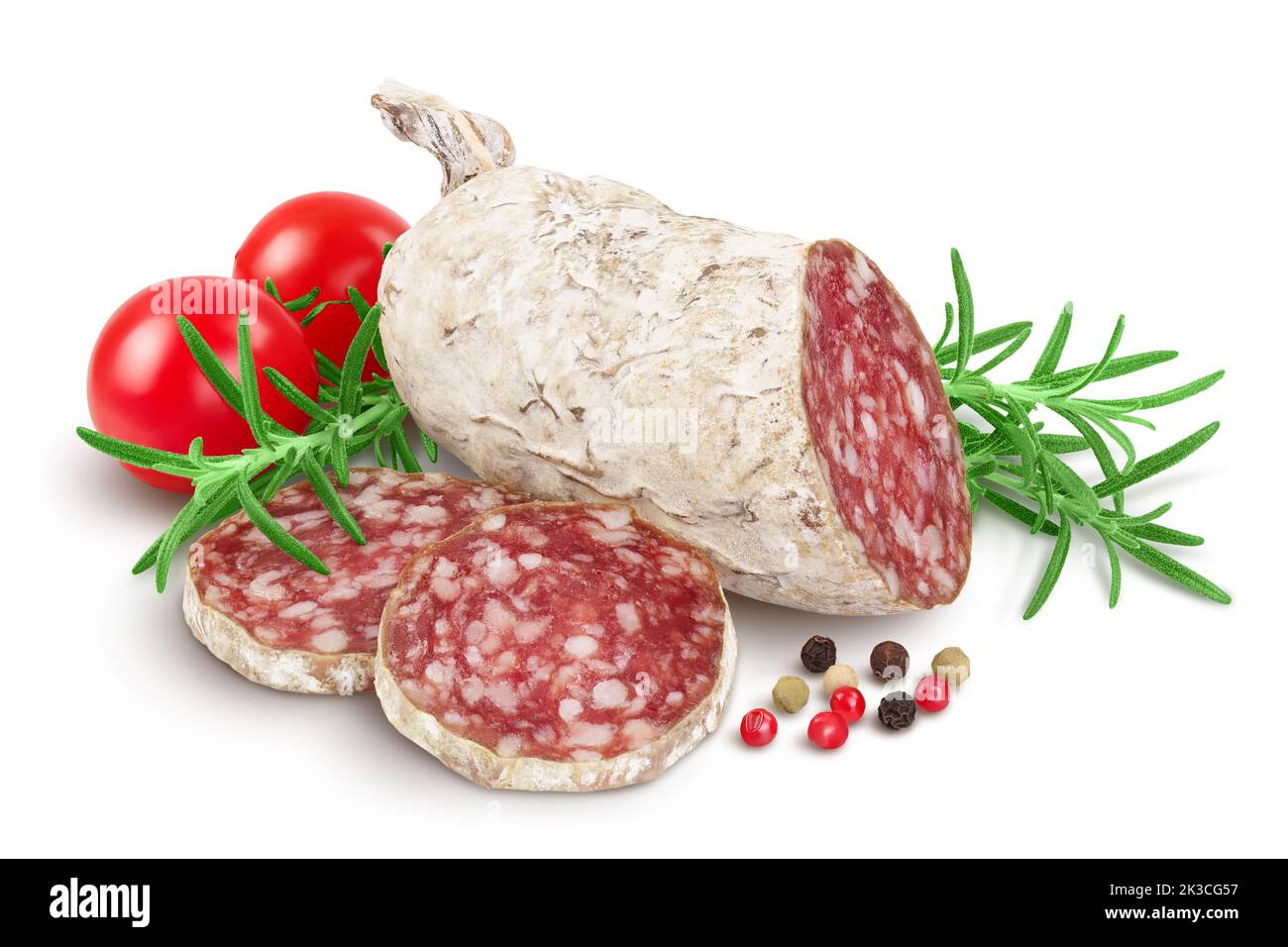 Cured salami sausage slices isolated on white background. Italian ...