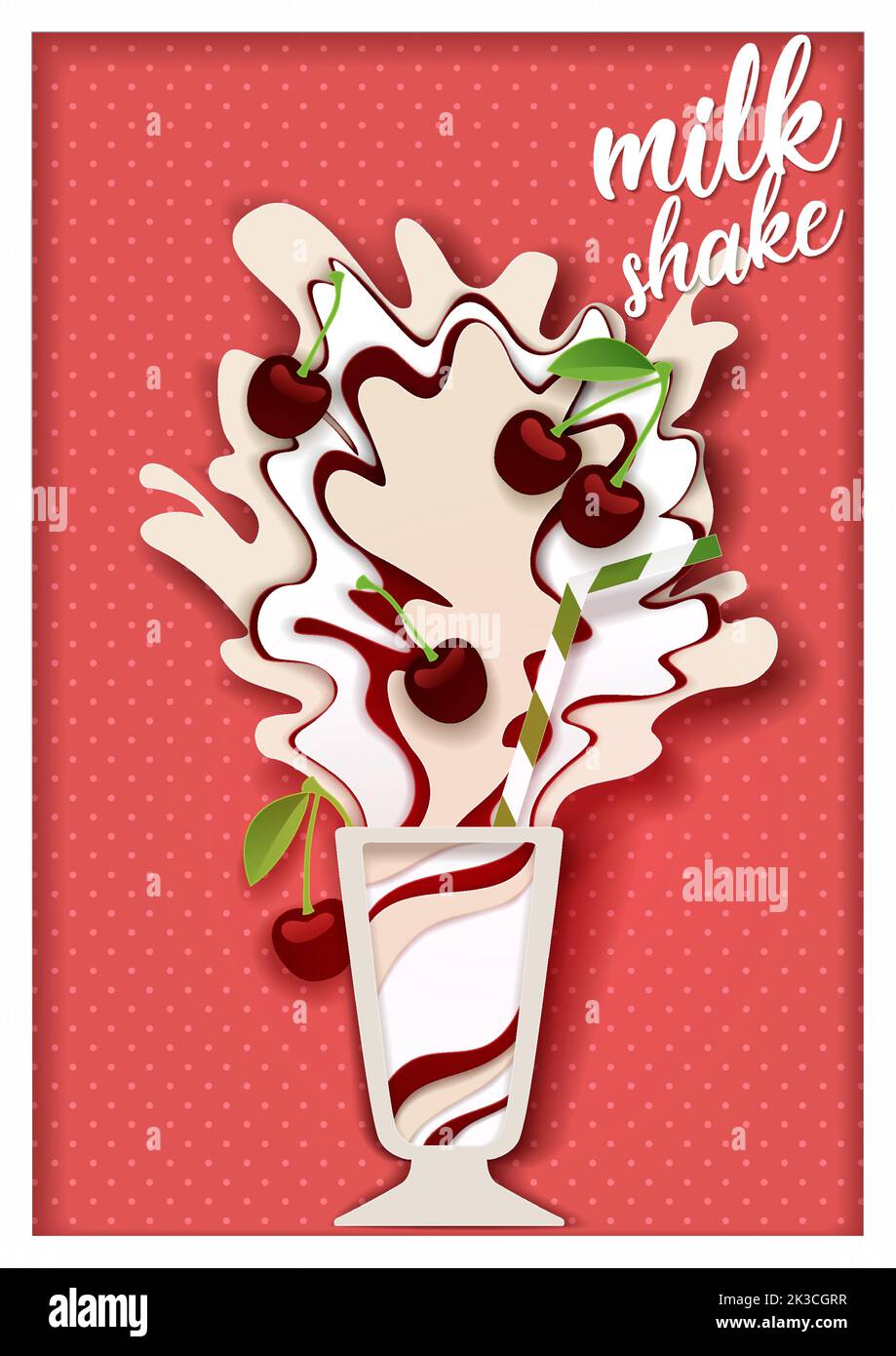 Cherry milkshake. Vector paper cut glass of whipped iced dairy drink ...