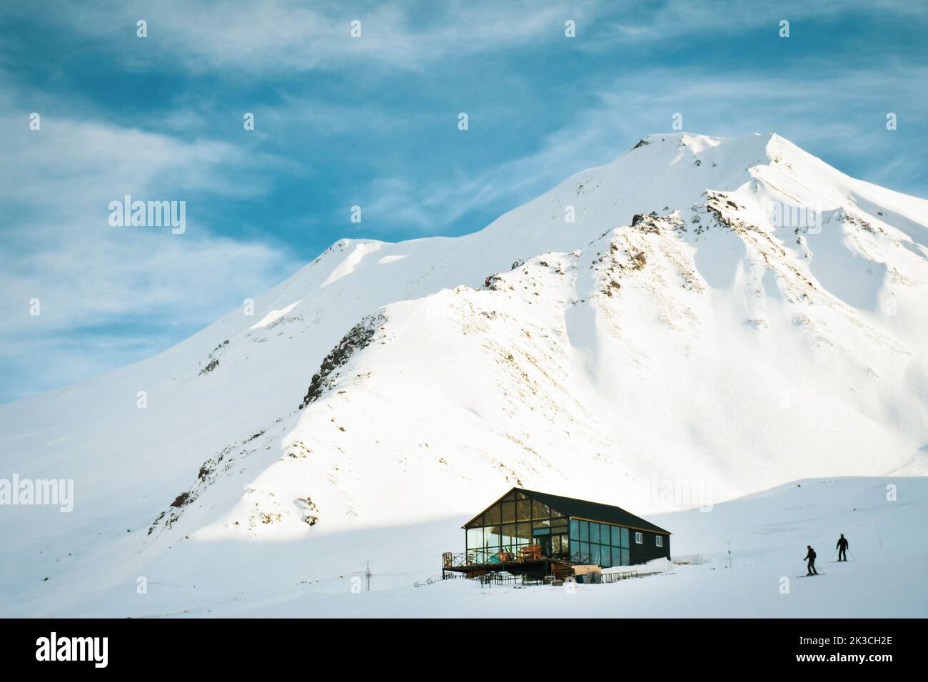 Panoramic scenic view of outdoor Mountain cafe empty seats with no ...