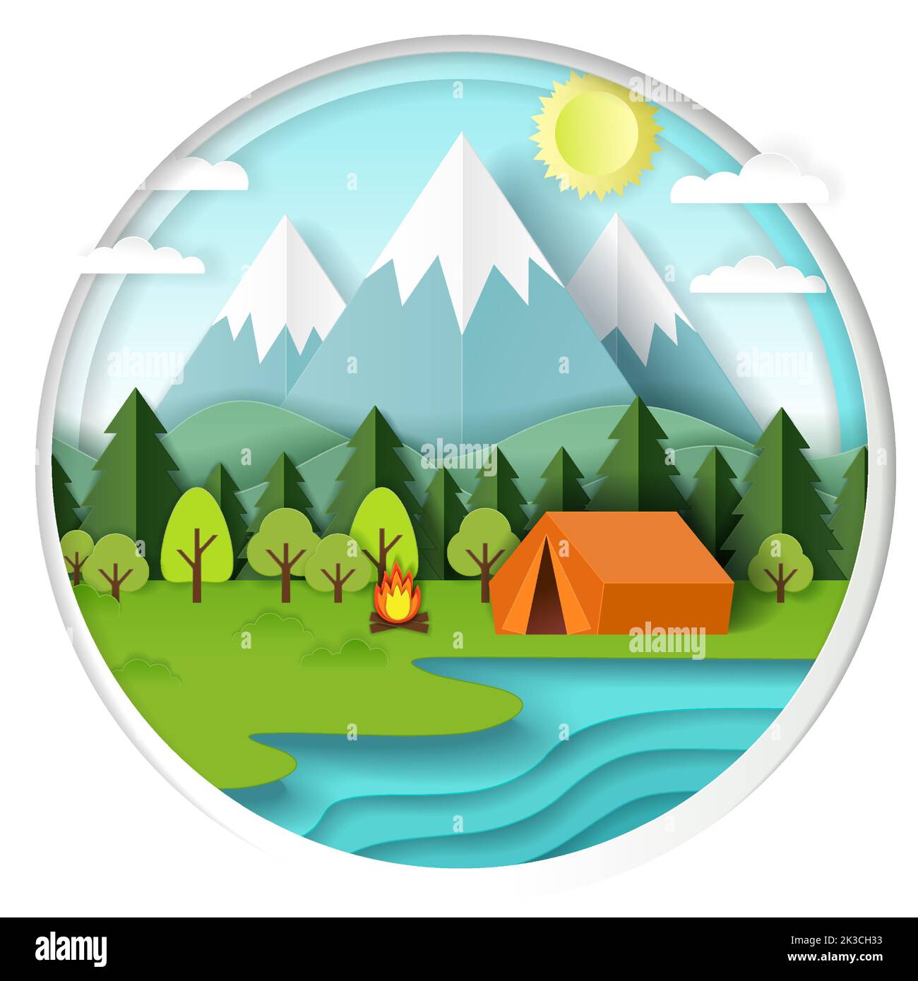 Summer camping background in circle with forest, mountains, lake ...