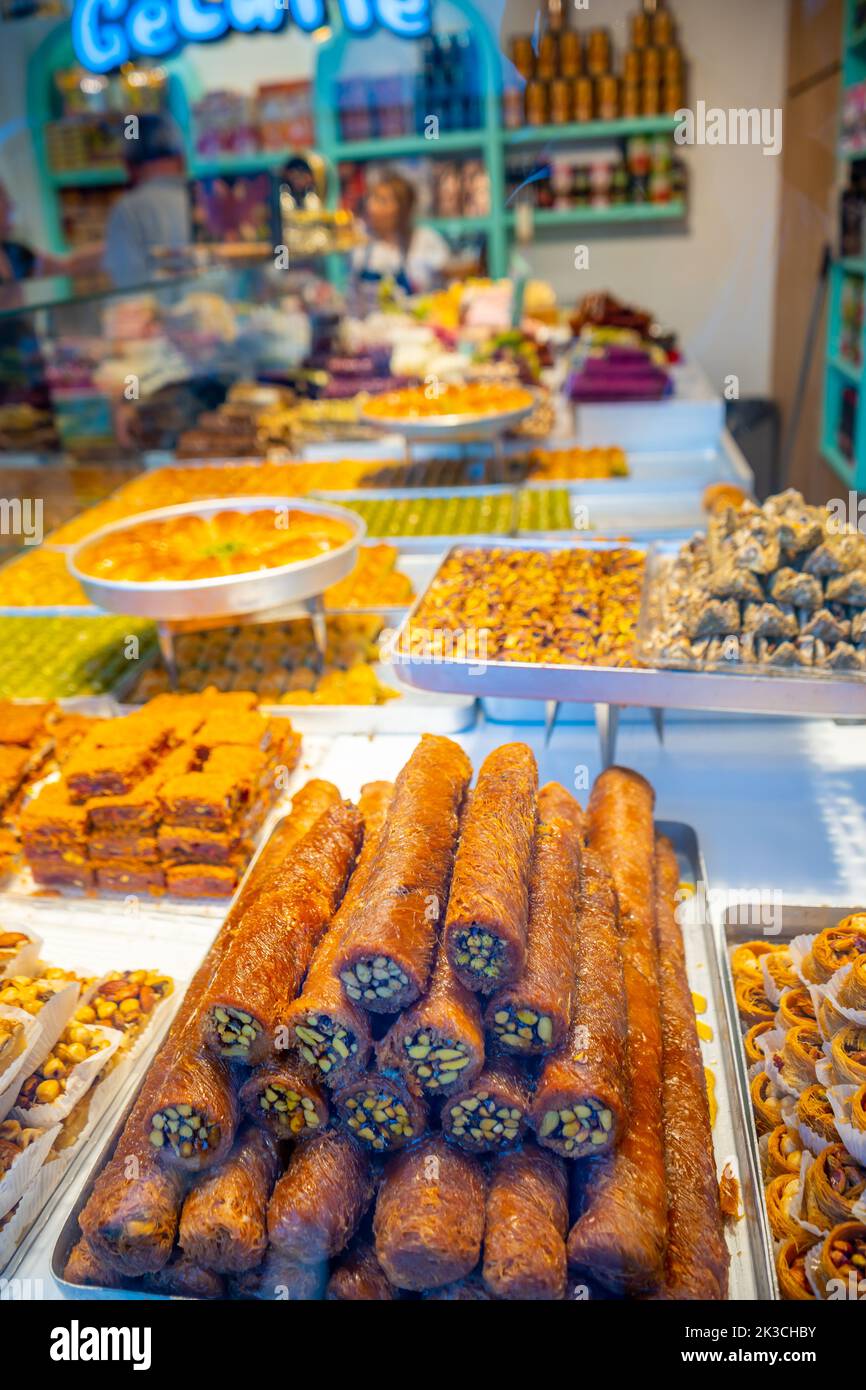 Antalya, Turkey - September 10, 2022: The turkish sweets in street shop ...