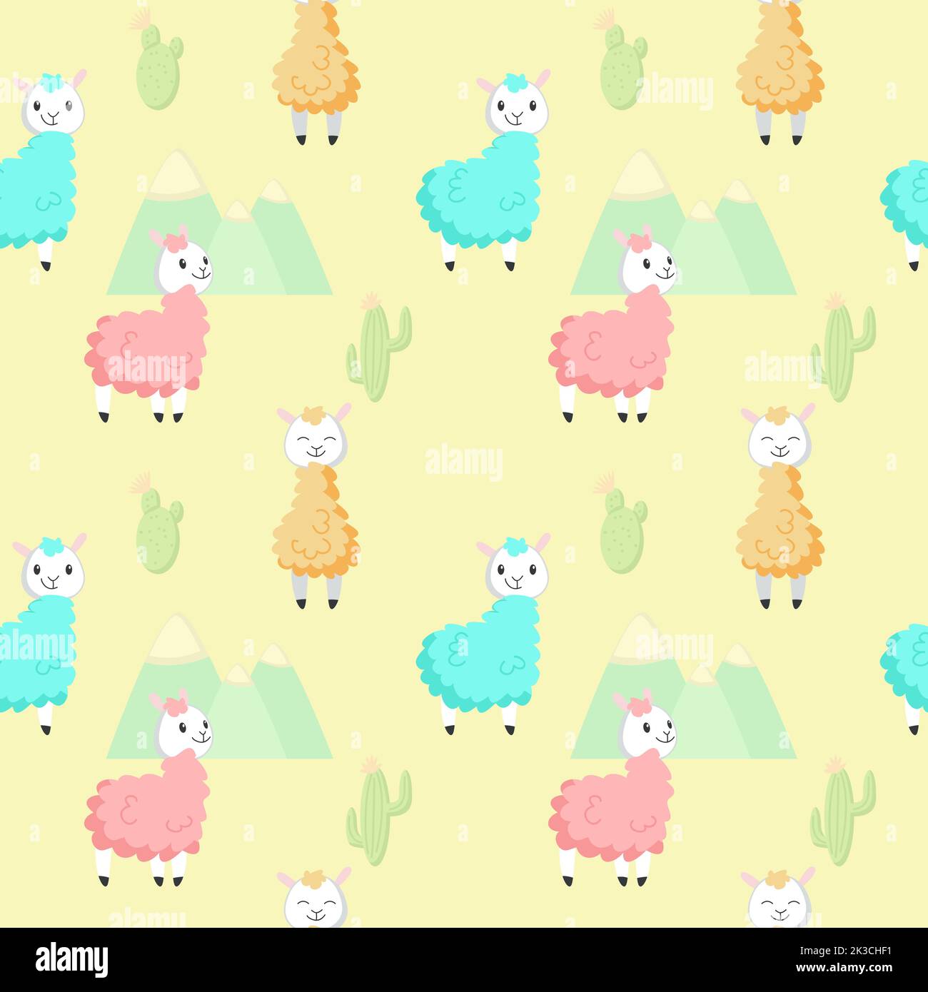 Cute alpacas with cactuses and mountains vector seamless pattern ...