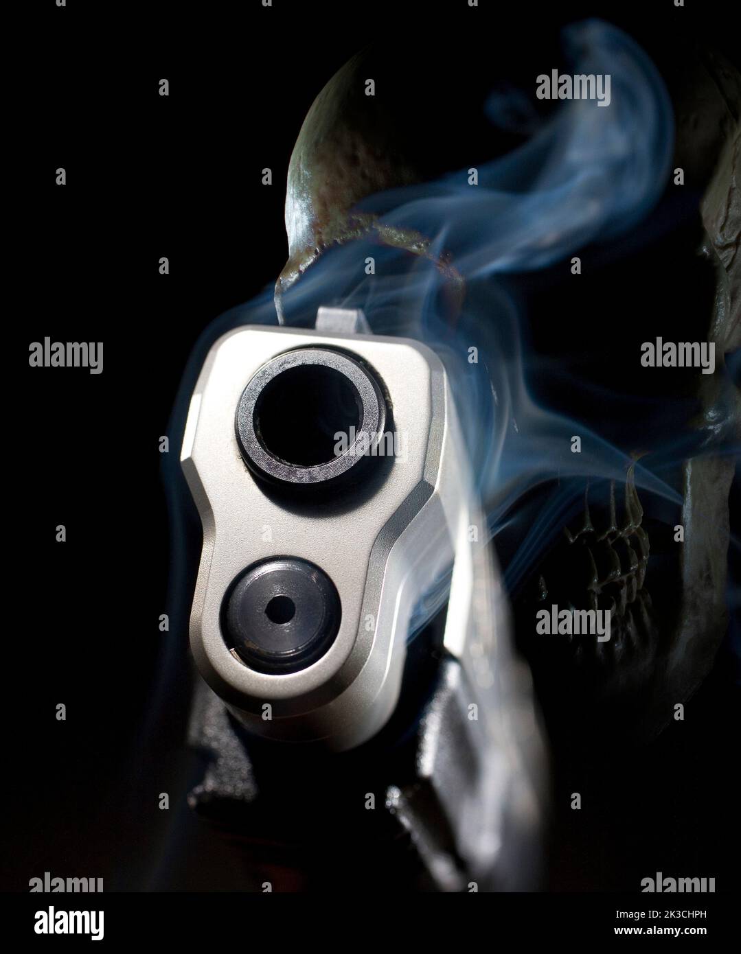 Smoking ghost gun handgun 3D illustration with a skul behind on a black ...