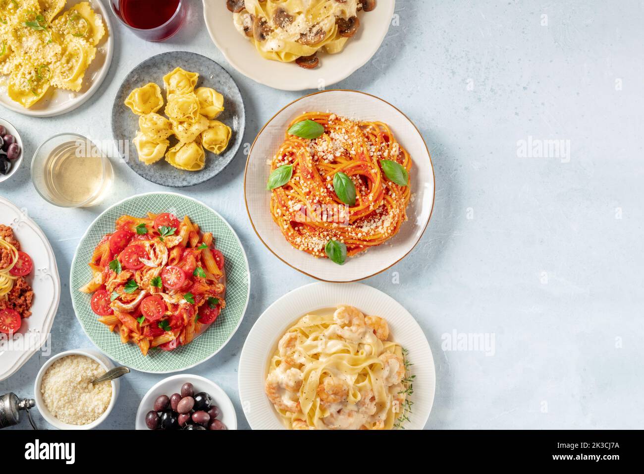 Italian pasta, various dishes, overhead flat lay shot with copy space ...