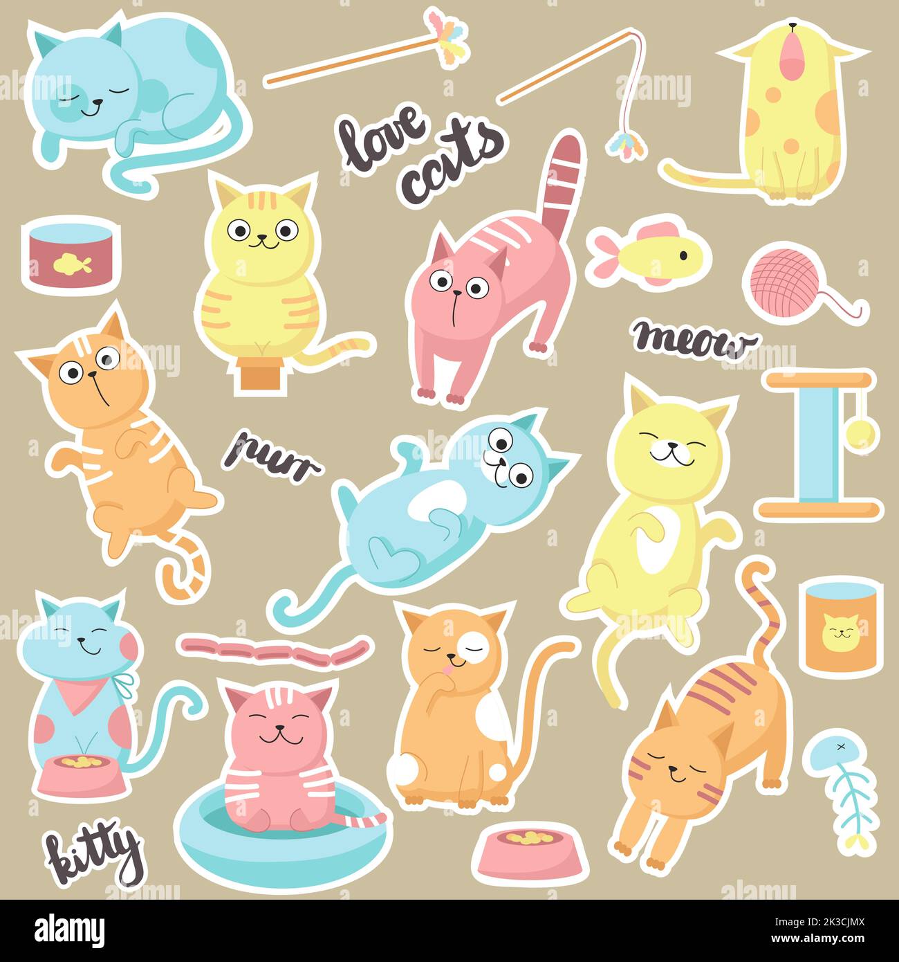 Cute cats stickers. Vector hand drawn illustration of happy love cats ...