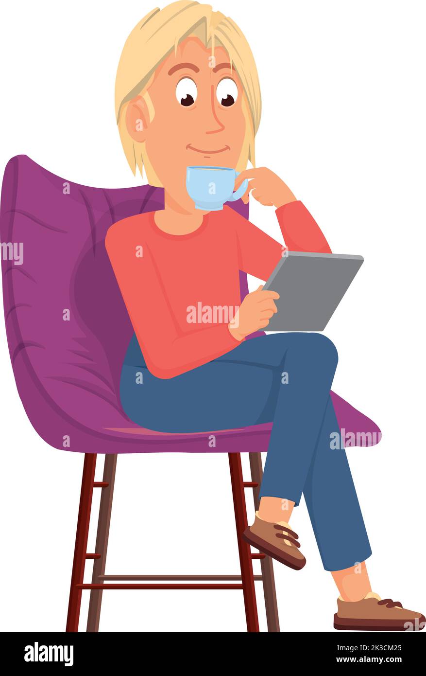 Woman drinking coffee in cozy chair. Cartoon person with tablet Stock ...