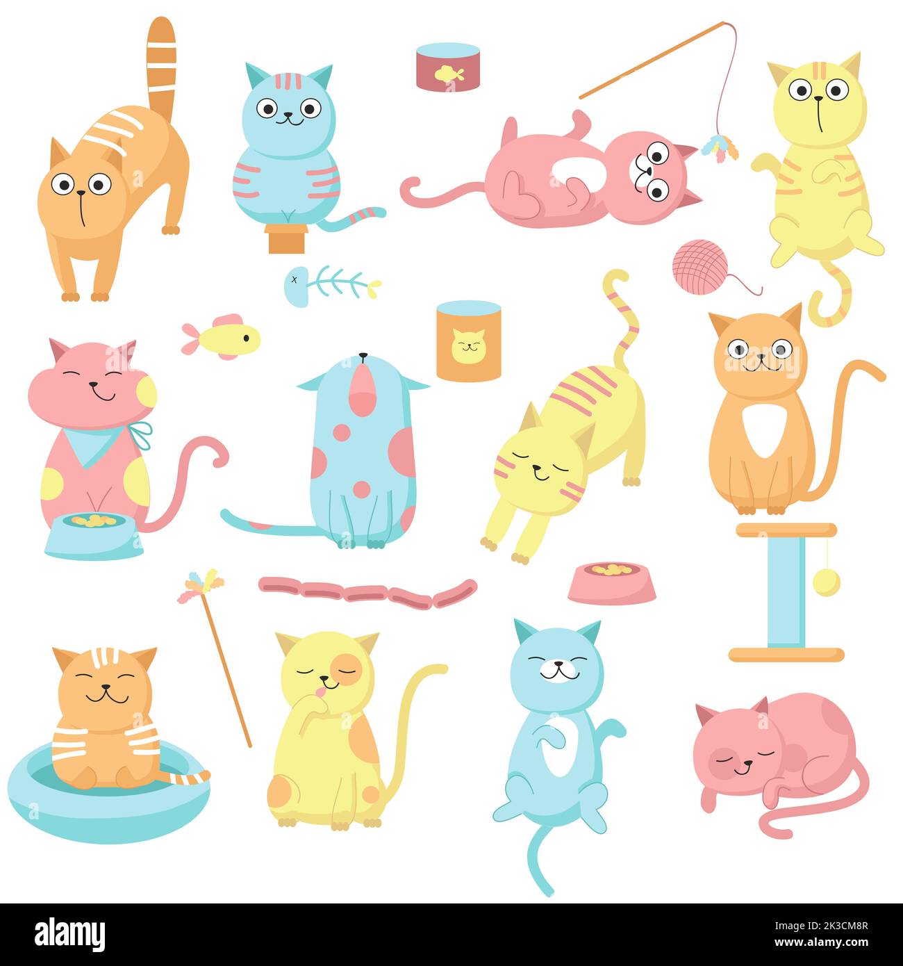 Cute cat icon set, vector hand drawn illustration. Funny kittens ...