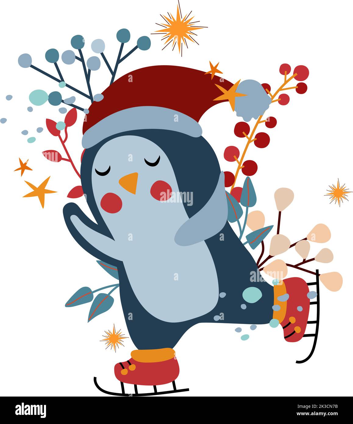 Magic winter animal, cute penguin on skates with winter berry, leaves ...