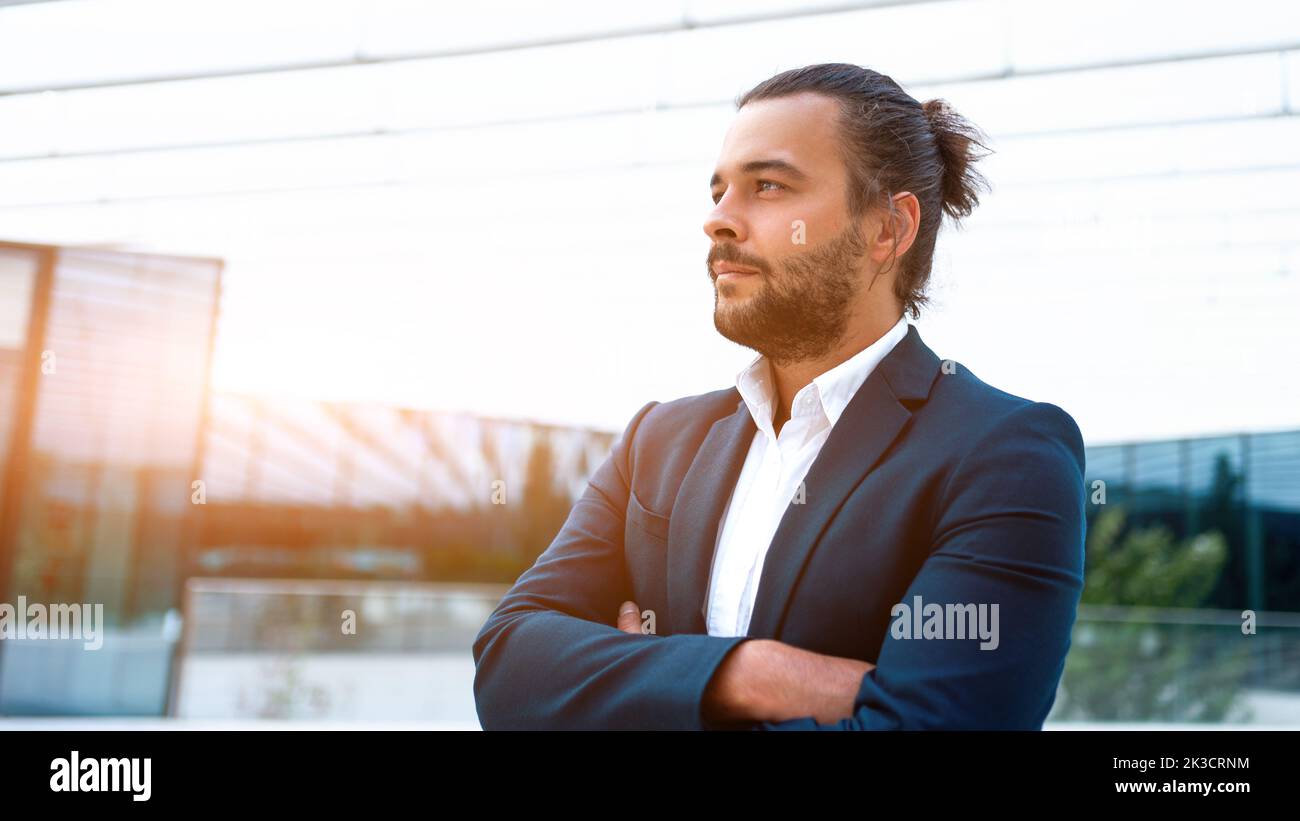 Successful businessman suit with beard standing in front of office ...