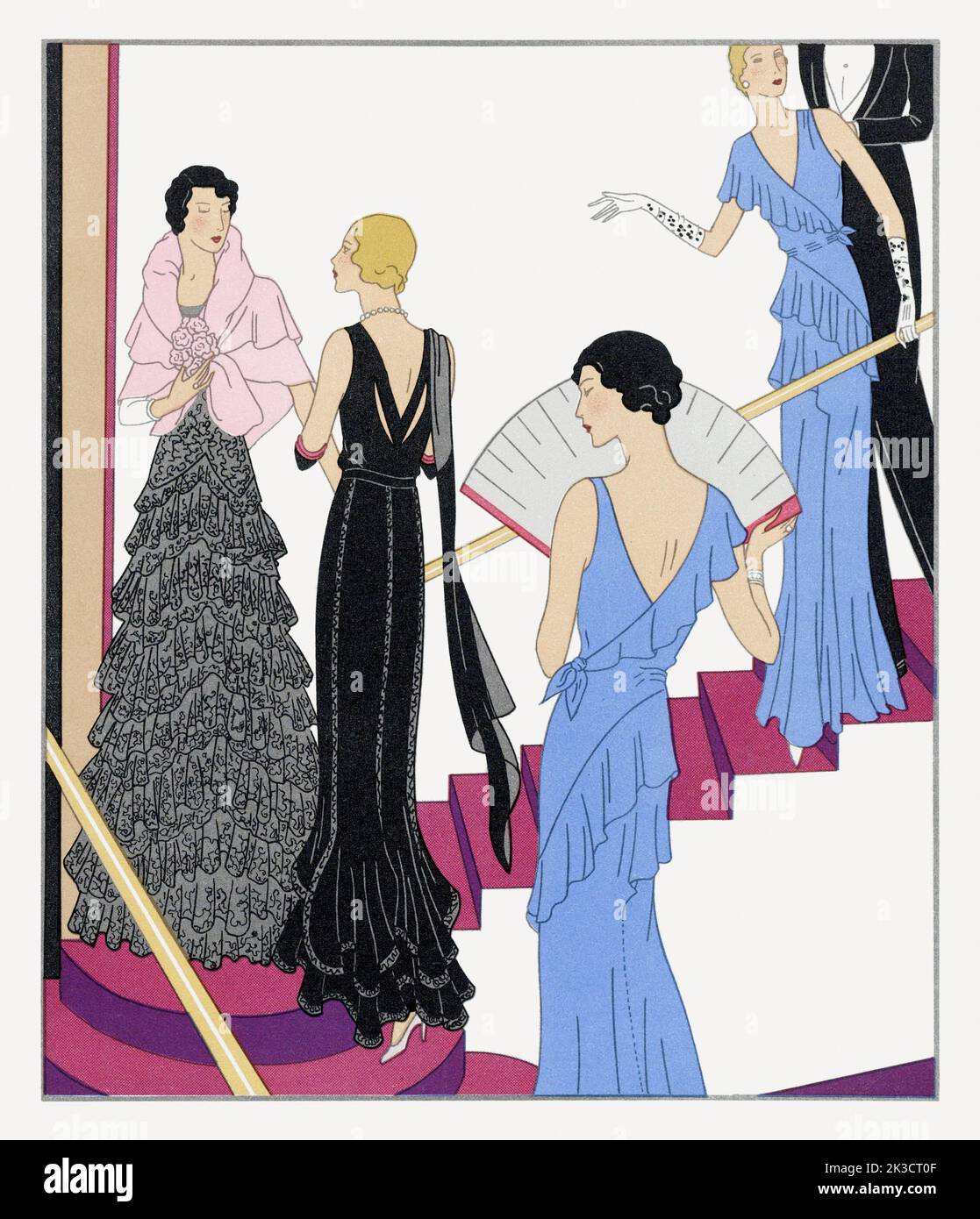 Lace evening dress with a 'moire' cape (1931) fashion illustration in ...