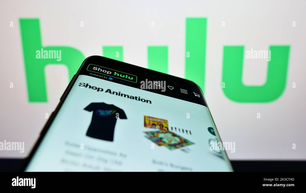 Mobile phone with webpage of US video streaming service company Hulu ...