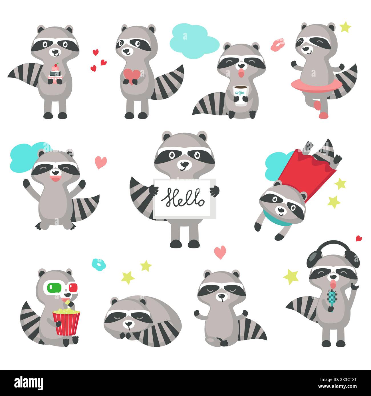 Cute raccoon icon set for greeting card, invitation, poster, sticker ...