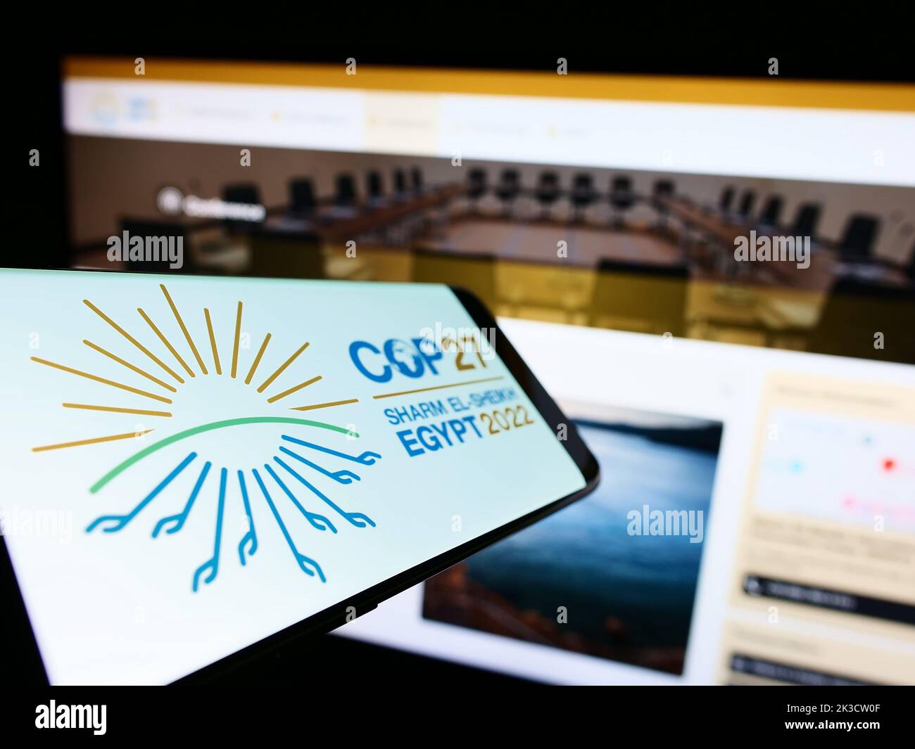 Smartphone with logo of 2022 UN Climate Change Conference (COP27) on ...