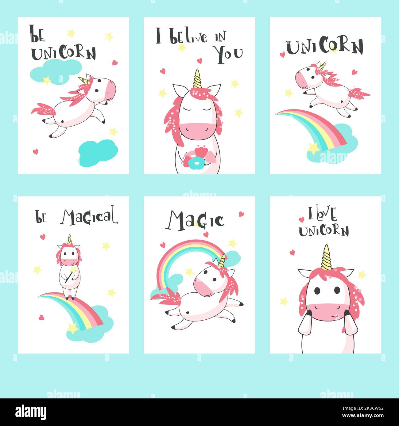 Magic unicorn cards. Vector hand drawn illustration. Greeting ...