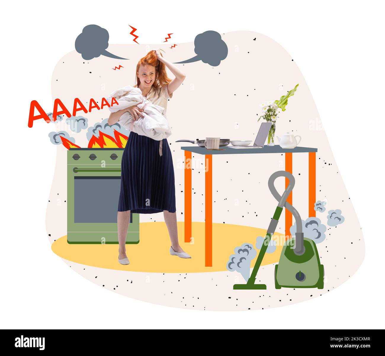 Crazy lifestyle of modern women. Business and housekeeping. Busy mother ...