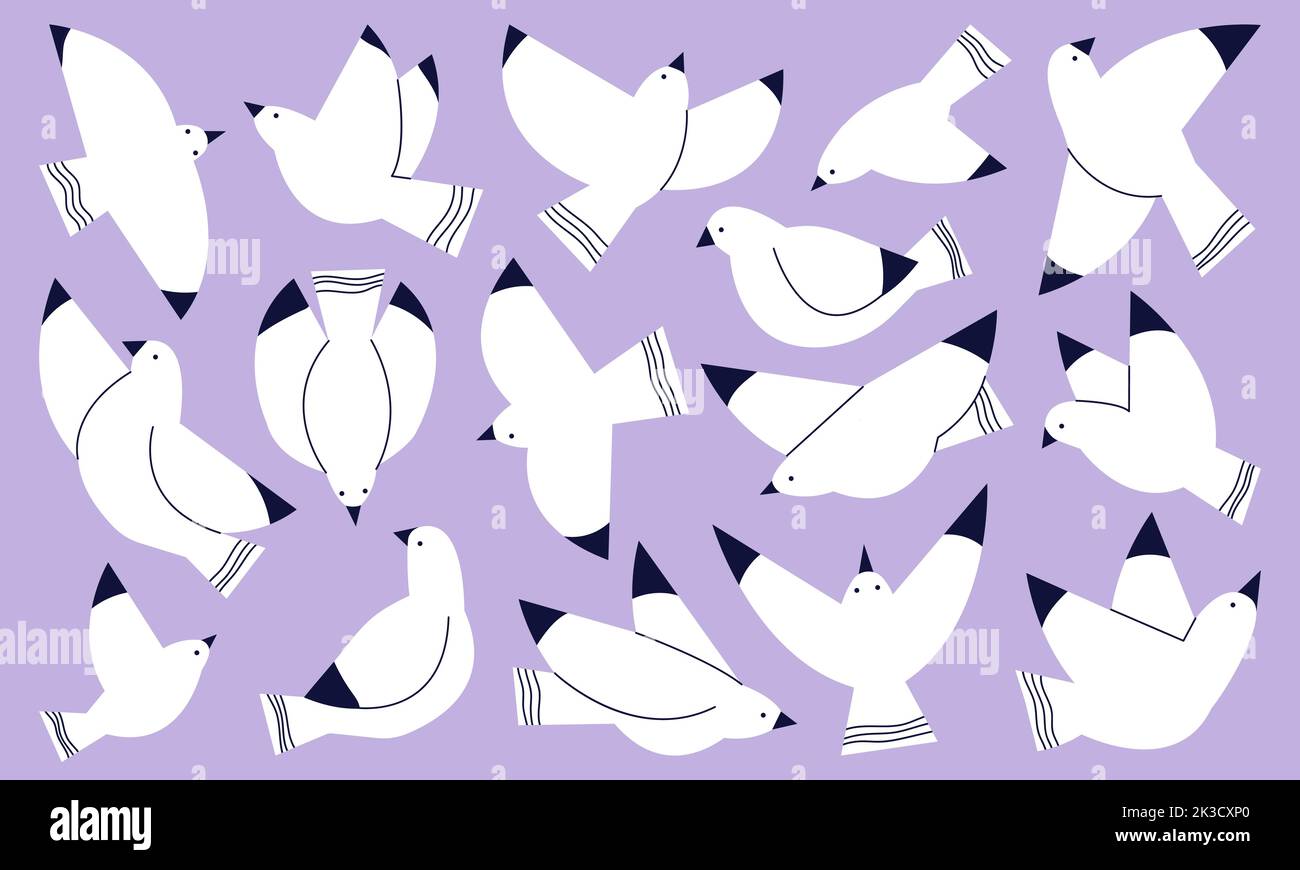 Abstract white birds silhouettes. Flying dove or seagulls, geometrical ...
