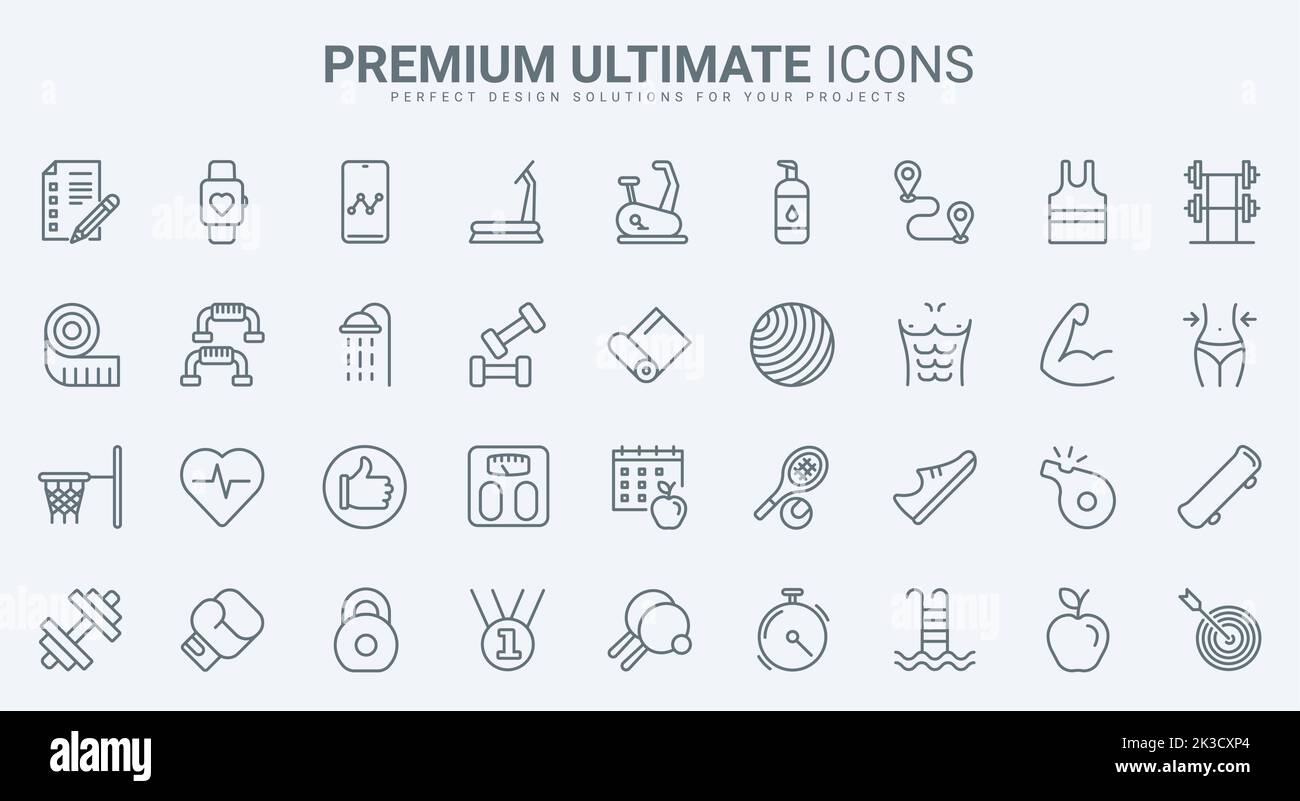 Sport exercises in gym, fitness workout thin line icons set vector ...