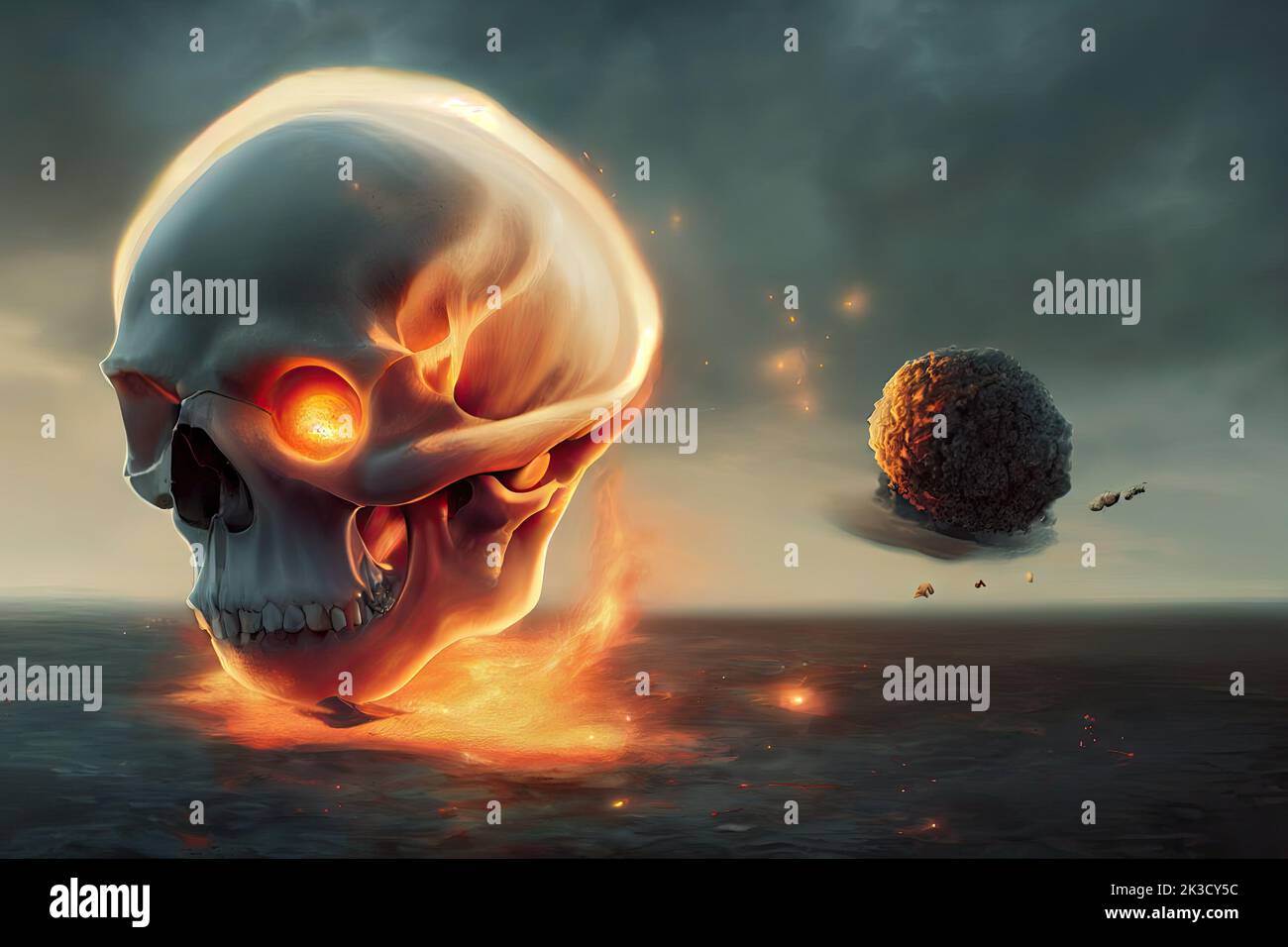 A Skull of fire in the centre of an explosion in the ruins of an ...