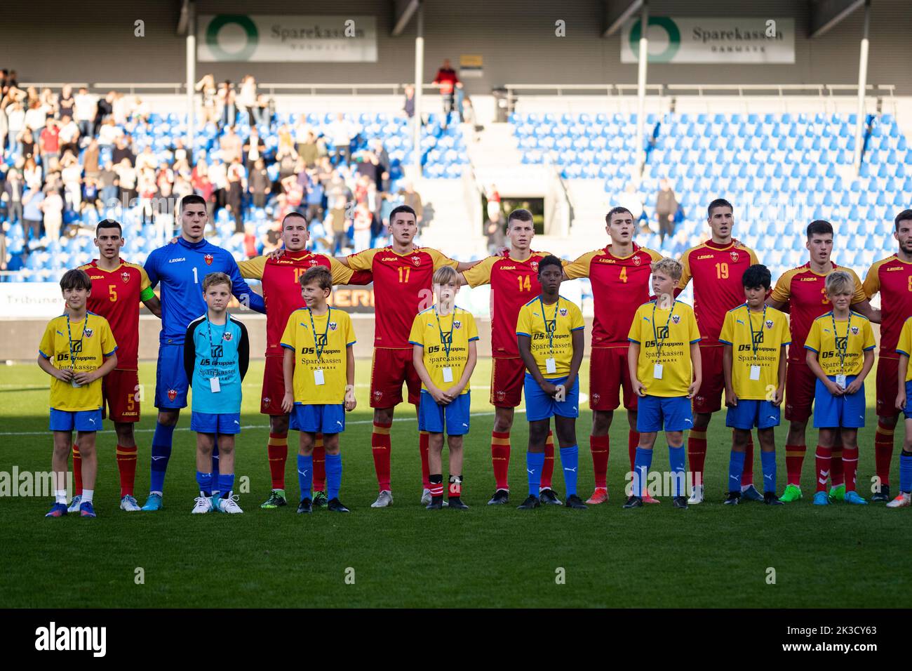 Hobro, Denmark. 24th, September 2022. The players of Montenegro line up ...