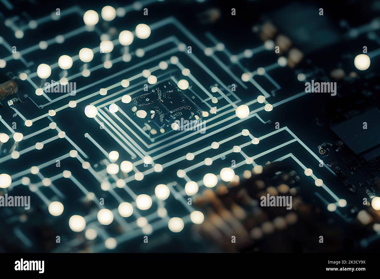 An electronic circuit board with chips and LED lights in the background ...